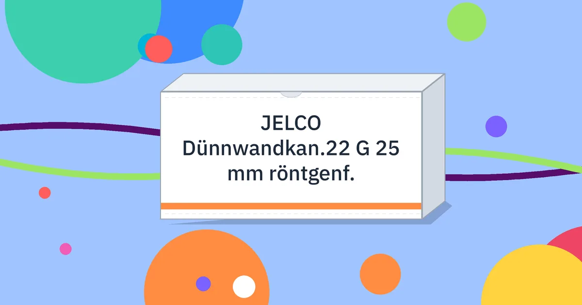 Symbolbild: Packung mit der Aufschrift JELCO Dünnwandkan.22 G 25 mm röntgenf. (PZN 09106361) – Verfügbarkeit und Bezug in Apotheken in Frankfurt am Main