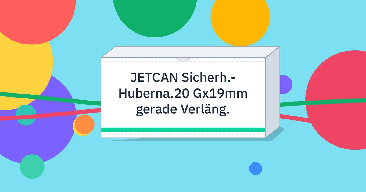 Symbolbild: Packung mit der Aufschrift JETCAN Sicherh.-Huberna.20 Gx19mm gerade Verläng. (PZN 20835971) – Verfügbarkeit und Bezug in Apotheken in Frankfurt am Main