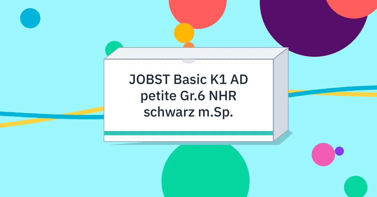 Symbolbild: Packung mit der Aufschrift JOBST Basic K1 AD petite Gr.6 NHR schwarz m.Sp. (PZN 15313615) – Verfügbarkeit und Bezug in Apotheken in Frankfurt am Main