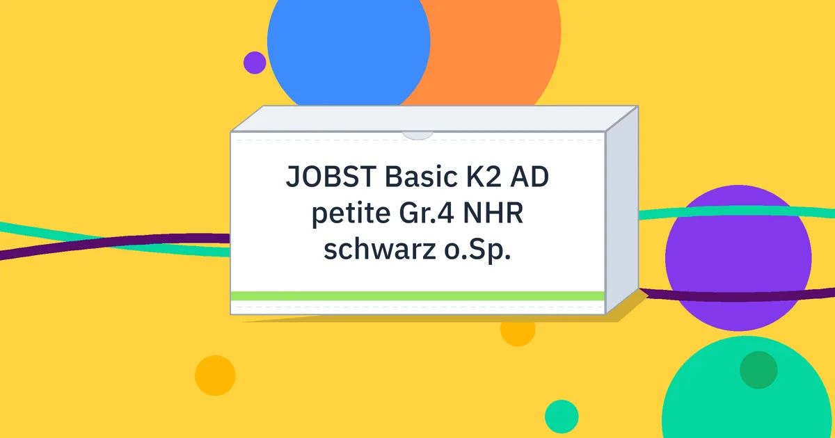 Symbolbild: Packung mit der Aufschrift JOBST Basic K2 AD petite Gr.4 NHR schwarz o.Sp. (PZN 15313213) – Verfügbarkeit und Bezug in Apotheken in Frankfurt am Main