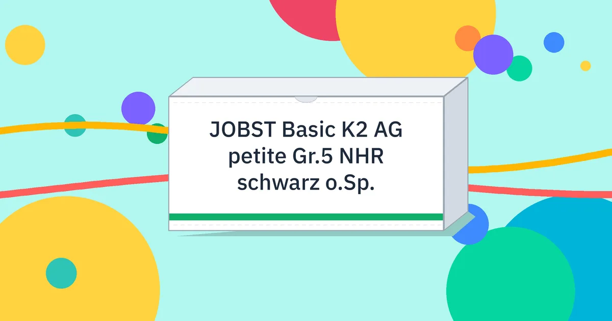 Symbolbild: Packung mit der Aufschrift JOBST Basic K2 AG petite Gr.5 NHR schwarz o.Sp. (PZN 15311303) – Verfügbarkeit und Bezug in Apotheken in Frankfurt am Main