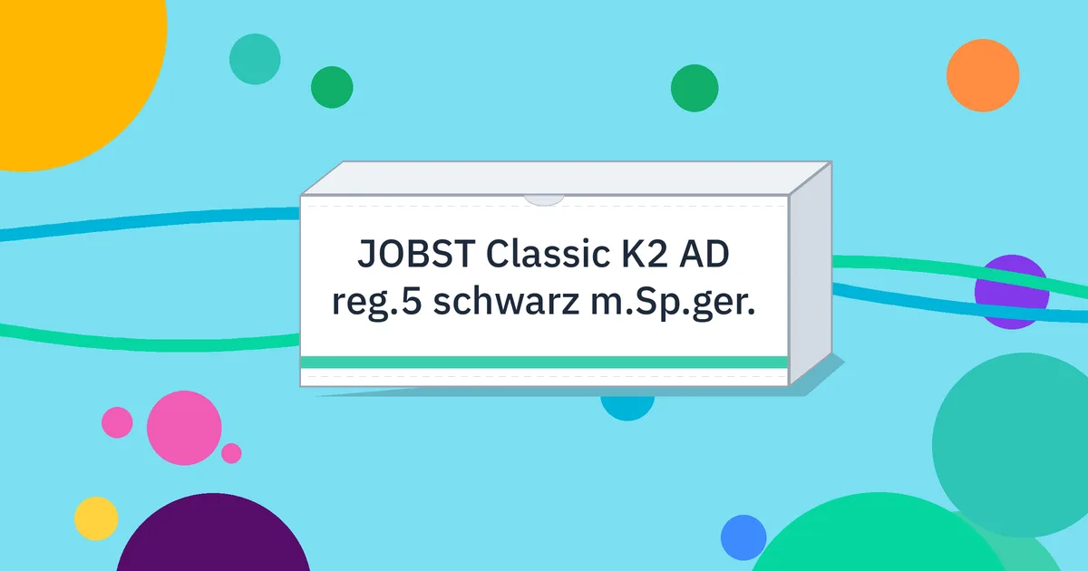 Symbolbild: Packung mit der Aufschrift JOBST Classic K2 AD reg.5 schwarz m.Sp.ger. (PZN 10726264) – Verfügbarkeit und Bezug in Apotheken in Frankfurt am Main