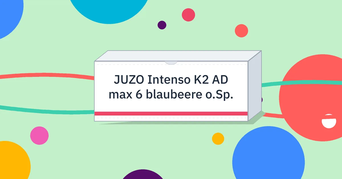 Symbolbild: Packung mit der Aufschrift JUZO Intenso K2 AD max 6 blaubeere o.Sp. (PZN 18619869) – Verfügbarkeit und Bezug in Apotheken in Frankfurt am Main