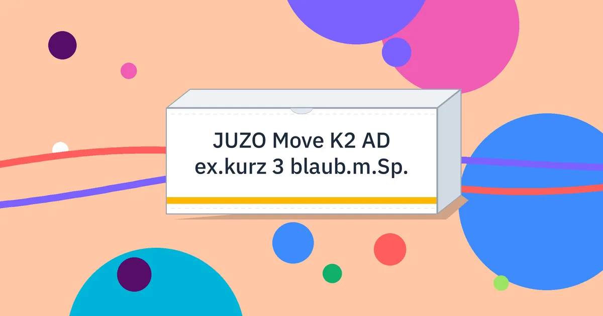 Symbolbild: Packung mit der Aufschrift JUZO Move K2 AD ex.kurz 3 blaub.m.Sp. (PZN 18541506) – Verfügbarkeit und Bezug in Apotheken in Frankfurt am Main