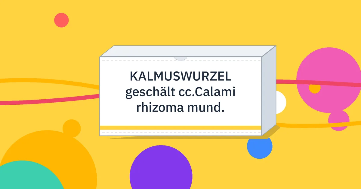 Symbolbild: Packung mit der Aufschrift KALMUSWURZEL geschält cc.Calami rhizoma mund. (PZN 20953593) – Verfügbarkeit und Bezug in Apotheken in Frankfurt am Main
