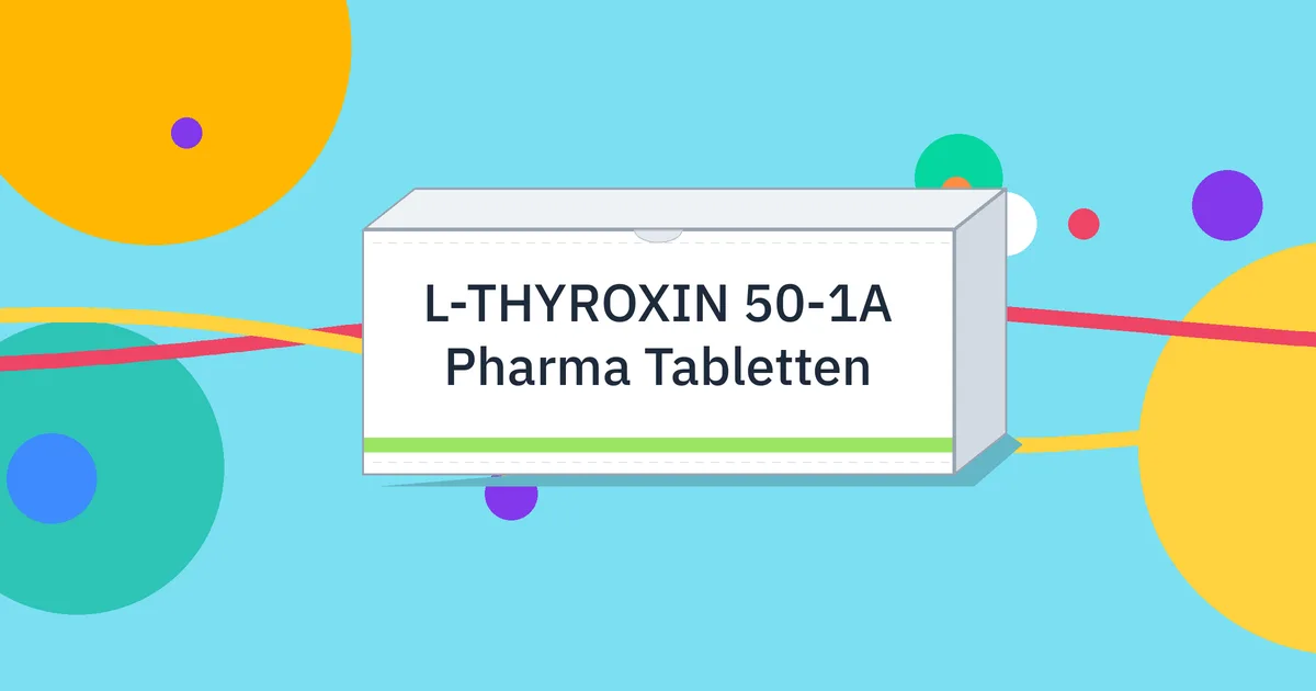 Symbolbild: Packung mit der Aufschrift L-THYROXIN 50-1A Pharma Tabletten (PZN 06488669) – Verfügbarkeit und Bezug in Apotheken in Frankfurt am Main