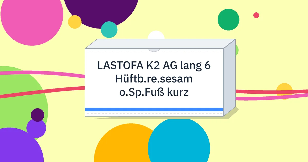 Symbolbild: Packung mit der Aufschrift LASTOFA K2 AG lang 6 Hüftb.re.sesam o.Sp.Fuß kurz (PZN 13812389) – Verfügbarkeit und Bezug in Apotheken in Frankfurt am Main