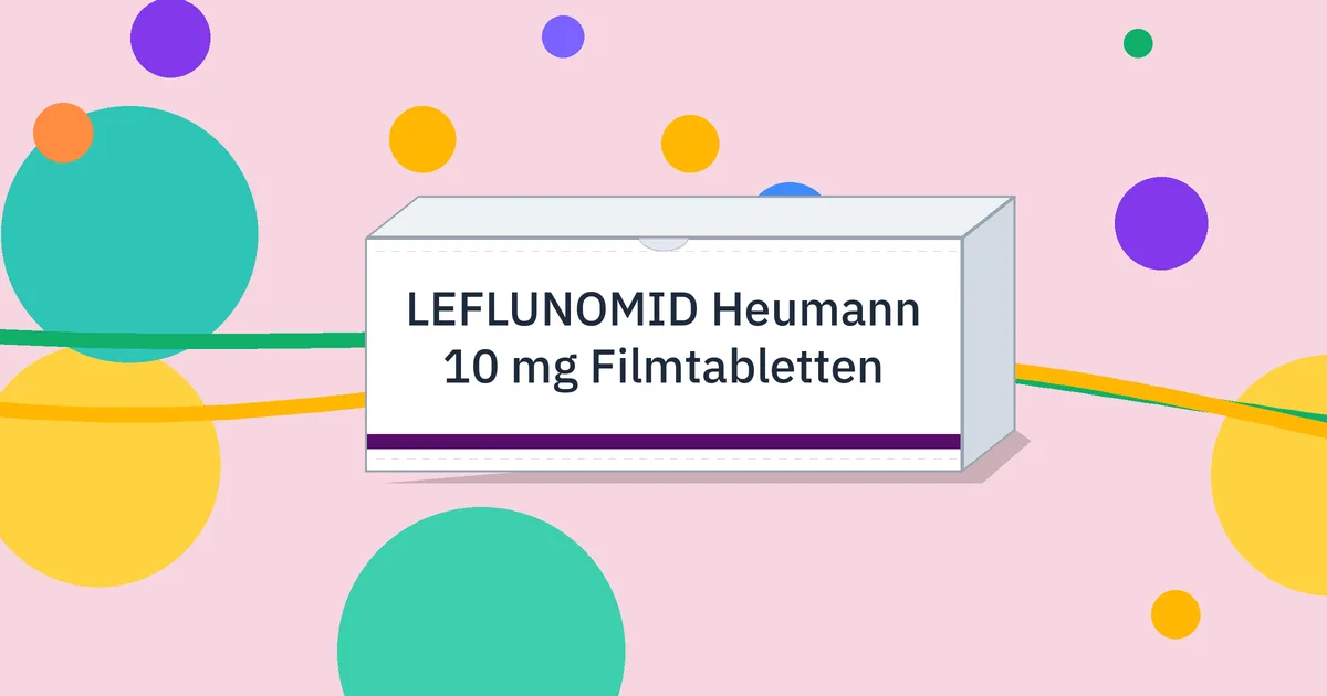 Symbolbild: Packung mit der Aufschrift LEFLUNOMID Heumann 10 mg Filmtabletten (PZN 13725561) – Verfügbarkeit und Bezug in Apotheken in Frankfurt am Main