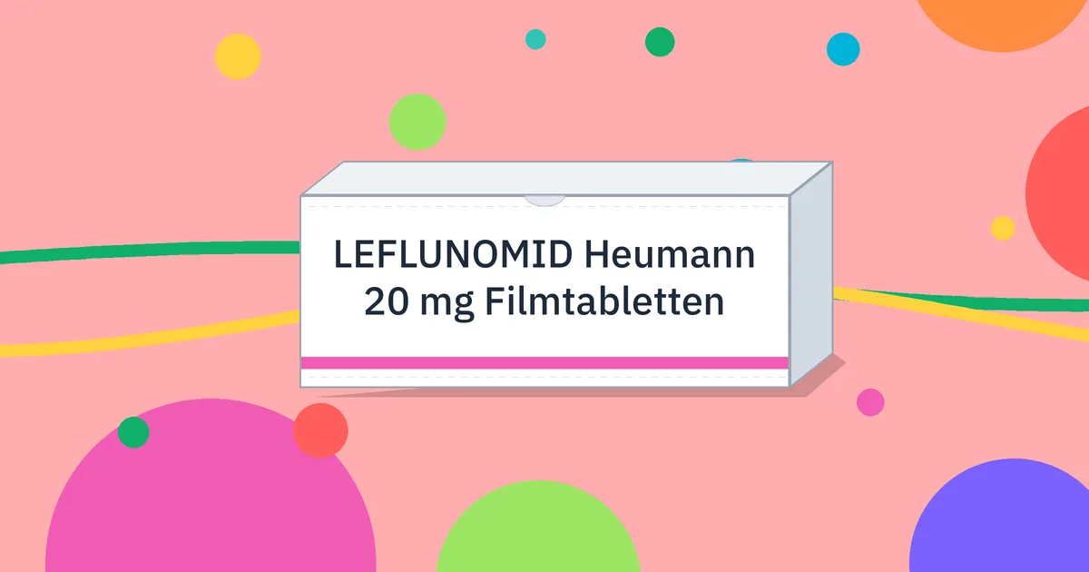 Symbolbild: Packung mit der Aufschrift LEFLUNOMID Heumann 20 mg Filmtabletten (PZN 13725609) – Verfügbarkeit und Bezug in Apotheken in Frankfurt am Main