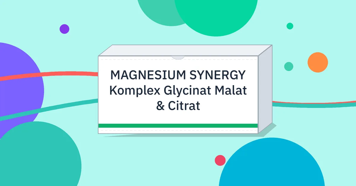 Symbolbild: Packung mit der Aufschrift MAGNESIUM SYNERGY Komplex Glycinat Malat & Citrat (PZN 18053480) – Verfügbarkeit und Bezug in Apotheken in Frankfurt am Main