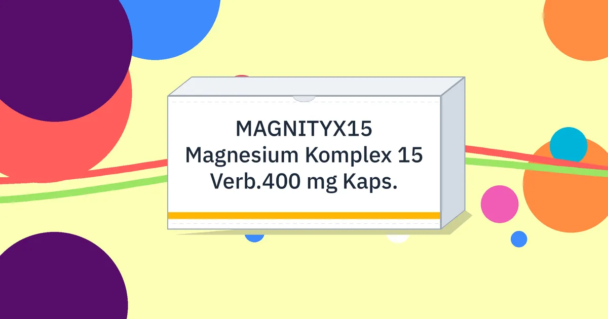 Symbolbild: Packung mit der Aufschrift MAGNITYX15 Magnesium Komplex 15 Verb.400 mg Kaps. (PZN 20212170) – Verfügbarkeit und Bezug in Apotheken in Frankfurt am Main