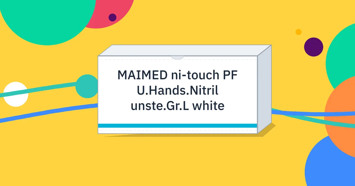Symbolbild: Packung mit der Aufschrift MAIMED ni-touch PF U.Hands.Nitril unste.Gr.L white (PZN 19775063) – Verfügbarkeit und Bezug in Apotheken in Frankfurt am Main