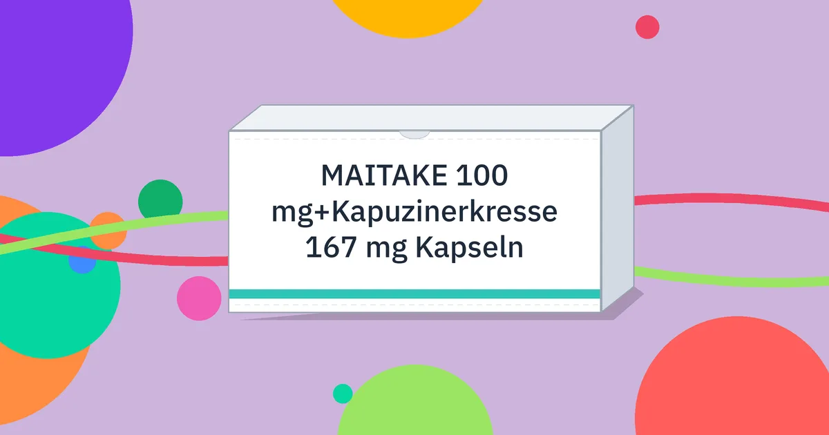 Symbolbild: Packung mit der Aufschrift MAITAKE 100 mg+Kapuzinerkresse 167 mg Kapseln (PZN 11668385) – Verfügbarkeit und Bezug in Apotheken in Frankfurt am Main