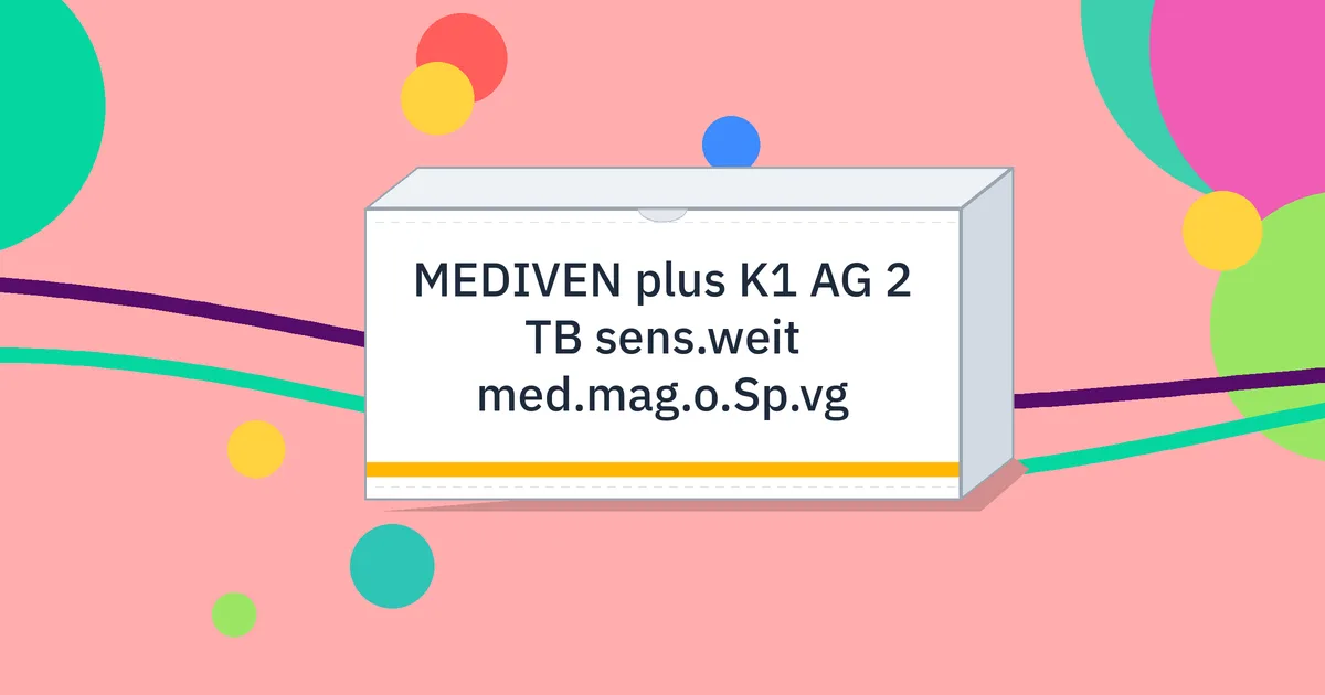 Symbolbild: Packung mit der Aufschrift MEDIVEN plus K1 AG 2 TB sens.weit med.mag.o.Sp.vg (PZN 15065494) – Verfügbarkeit und Bezug in Apotheken in Frankfurt am Main