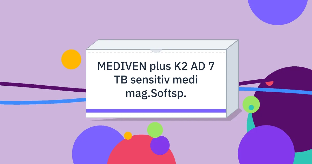 Symbolbild: Packung mit der Aufschrift MEDIVEN plus K2 AD 7 TB sensitiv medi mag.Softsp. (PZN 15105354) – Verfügbarkeit und Bezug in Apotheken in Frankfurt am Main