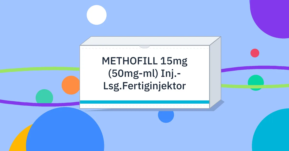Symbolbild: Packung mit der Aufschrift METHOFILL 15mg (50mg-ml) Inj.-Lsg.Fertiginjektor (PZN 18660820) – Verfügbarkeit und Bezug in Apotheken in Frankfurt am Main
