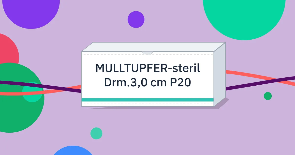 Symbolbild: Packung mit der Aufschrift MULLTUPFER-steril Drm.3,0 cm P20 (PZN 18307182) – Verfügbarkeit und Bezug in Apotheken in Frankfurt am Main