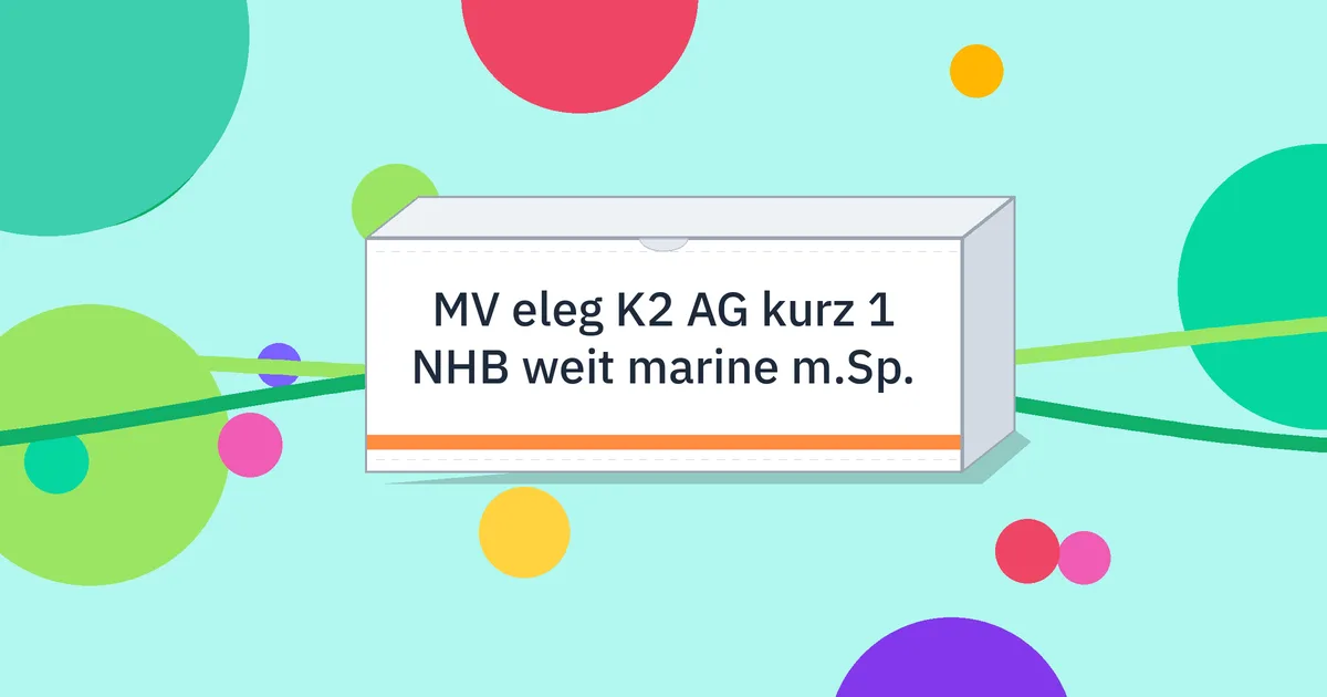 Symbolbild: Packung mit der Aufschrift MV eleg K2 AG kurz 1 NHB weit marine m.Sp. (PZN 15715414) – Verfügbarkeit und Bezug in Apotheken in Frankfurt am Main