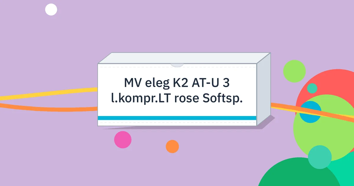 Symbolbild: Packung mit der Aufschrift MV eleg K2 AT-U 3 l.kompr.LT rose Softsp. (PZN 15290386) – Verfügbarkeit und Bezug in Apotheken in Frankfurt am Main