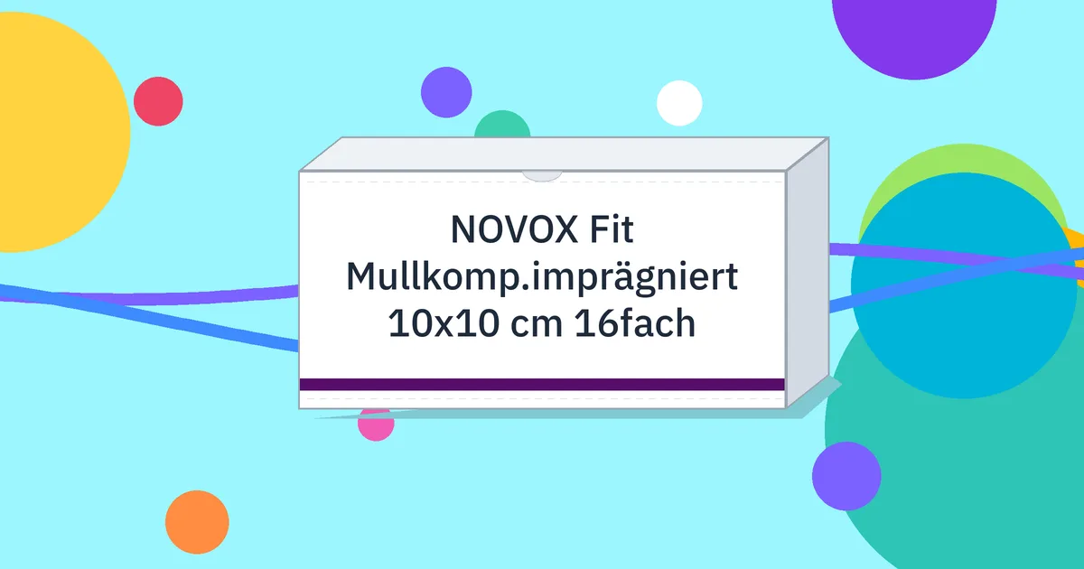 Symbolbild: Packung mit der Aufschrift NOVOX Fit Mullkomp.imprägniert 10x10 cm 16fach (PZN 18850791) – Verfügbarkeit und Bezug in Apotheken in Frankfurt am Main