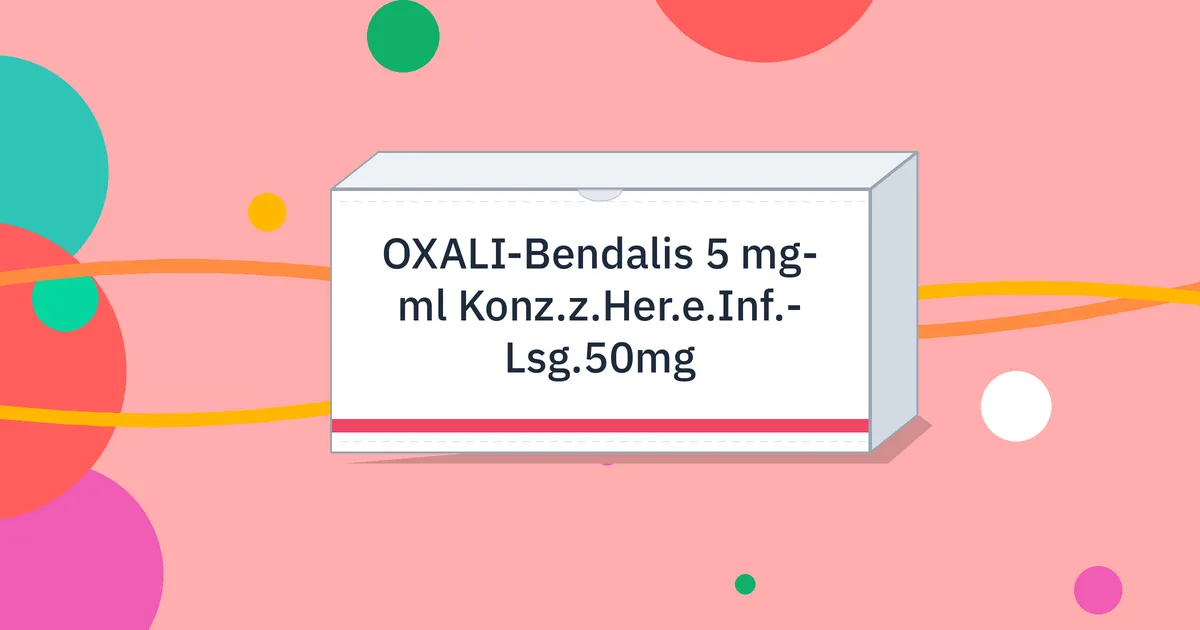 Symbolbild: Packung mit der Aufschrift OXALI-Bendalis 5 mg-ml Konz.z.Her.e.Inf.-Lsg.50mg (PZN 16624576) – Verfügbarkeit und Bezug in Apotheken in Frankfurt am Main