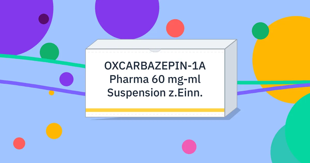 Symbolbild: Packung mit der Aufschrift OXCARBAZEPIN-1A Pharma 60 mg-ml Suspension z.Einn. (PZN 09318413) – Verfügbarkeit und Bezug in Apotheken in Frankfurt am Main