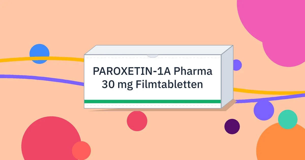 Symbolbild: Packung mit der Aufschrift PAROXETIN-1A Pharma 30 mg Filmtabletten (PZN 03791930) – Verfügbarkeit und Bezug in Apotheken in Frankfurt am Main