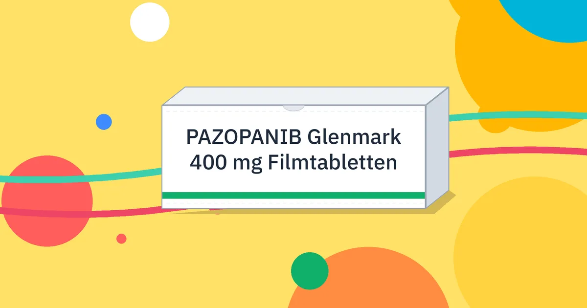 Symbolbild: Packung mit der Aufschrift PAZOPANIB Glenmark 400 mg Filmtabletten (PZN 19823626) – Verfügbarkeit und Bezug in Apotheken in Frankfurt am Main