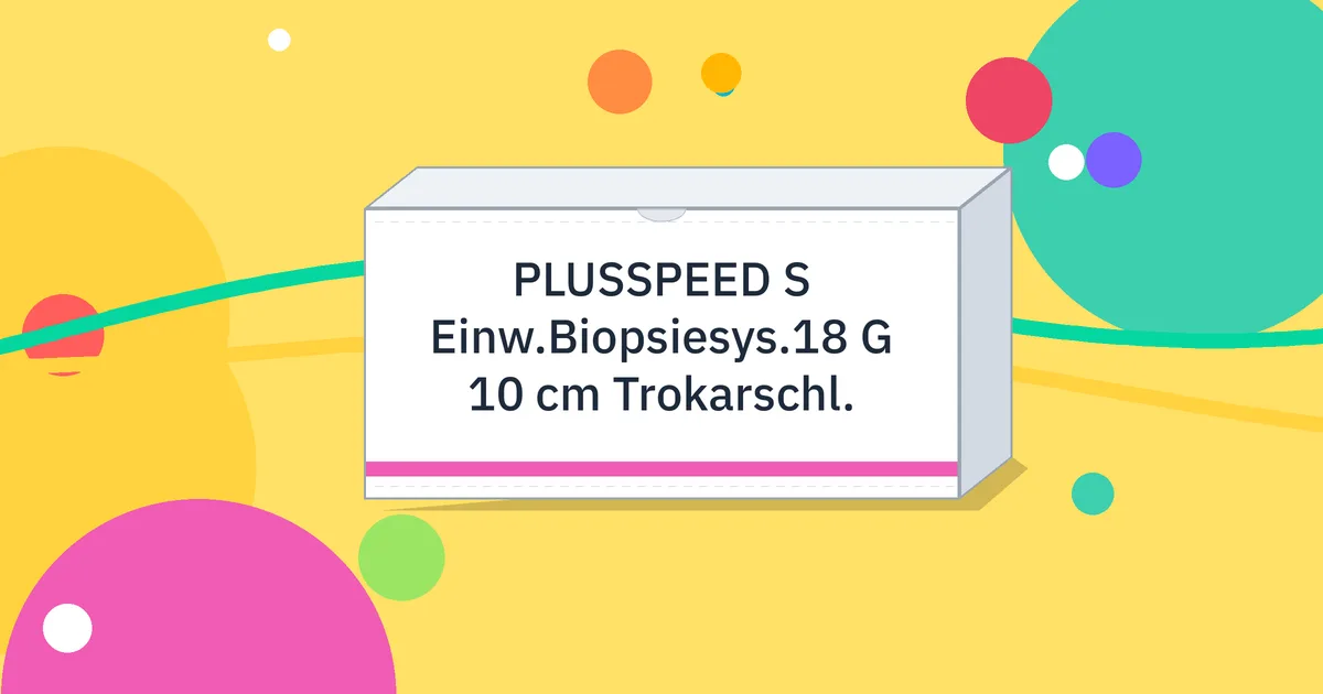 Symbolbild: Packung mit der Aufschrift PLUSSPEED S Einw.Biopsiesys.18 G 10 cm Trokarschl. (PZN 14258311) – Verfügbarkeit und Bezug in Apotheken in Frankfurt am Main