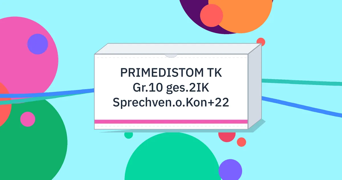 Symbolbild: Packung mit der Aufschrift PRIMEDISTOM TK Gr.10 ges.2IK Sprechven.o.Kon+22 (PZN 10209310) – Verfügbarkeit und Bezug in Apotheken in Frankfurt am Main