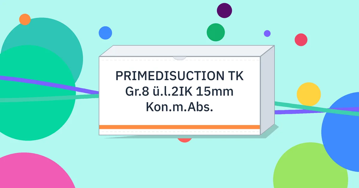 Symbolbild: Packung mit der Aufschrift PRIMEDISUCTION TK Gr.8 ü.l.2IK 15mm Kon.m.Abs. (PZN 11375909) – Verfügbarkeit und Bezug in Apotheken in Frankfurt am Main