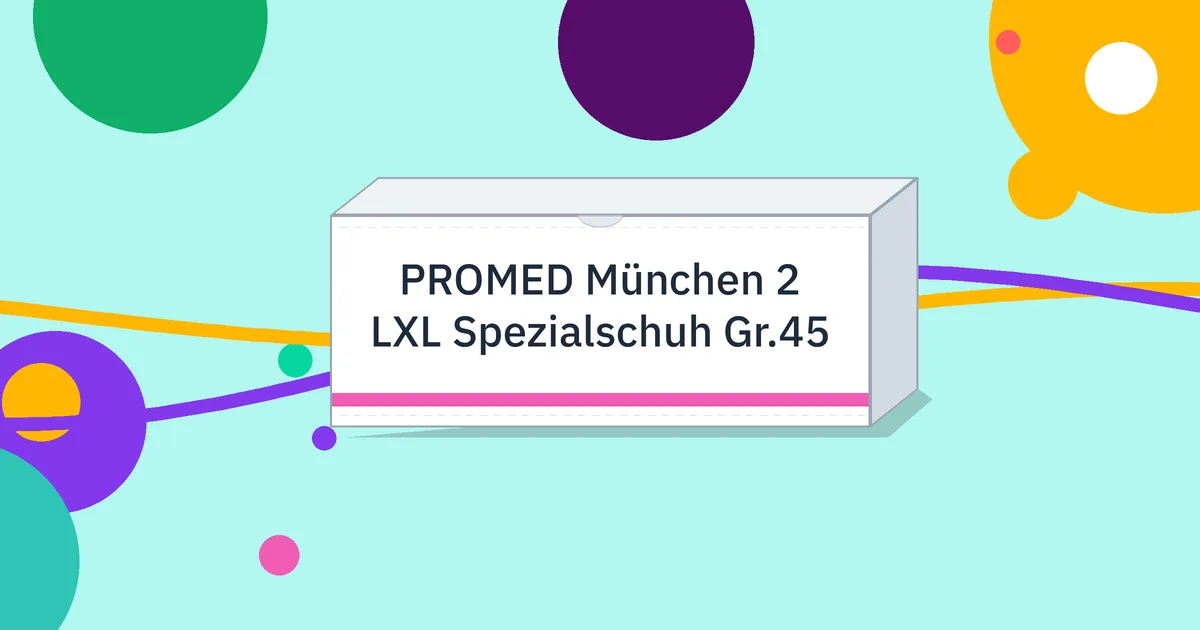 Symbolbild: Packung mit der Aufschrift PROMED München 2 LXL Spezialschuh Gr.45 (PZN 05482989) – Verfügbarkeit und Bezug in Apotheken in Frankfurt am Main