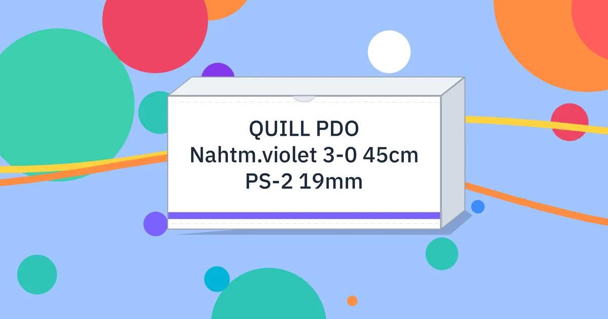 Symbolbild: Packung mit der Aufschrift QUILL PDO Nahtm.violet 3-0 45cm PS-2 19mm (PZN 17990343) – Verfügbarkeit und Bezug in Apotheken in Frankfurt am Main