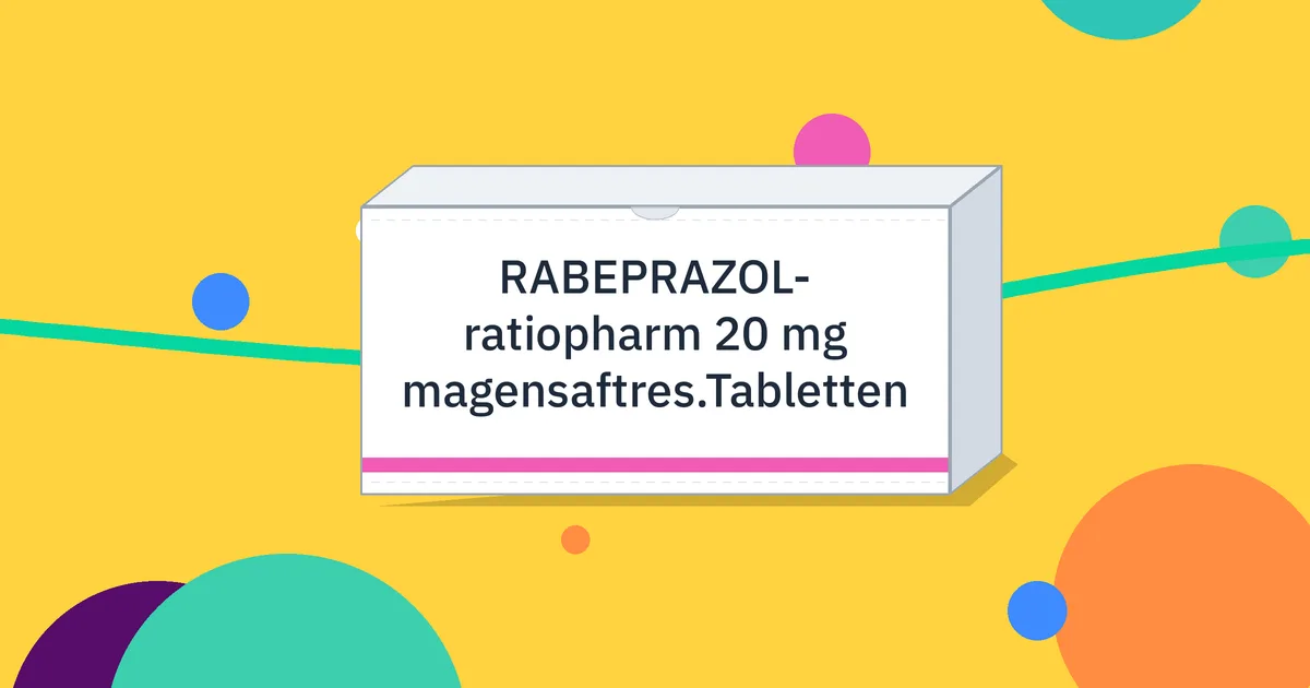 Symbolbild: Packung mit der Aufschrift RABEPRAZOL-ratiopharm 20 mg magensaftres.Tabletten (PZN 09723467) – Verfügbarkeit und Bezug in Apotheken in Frankfurt am Main