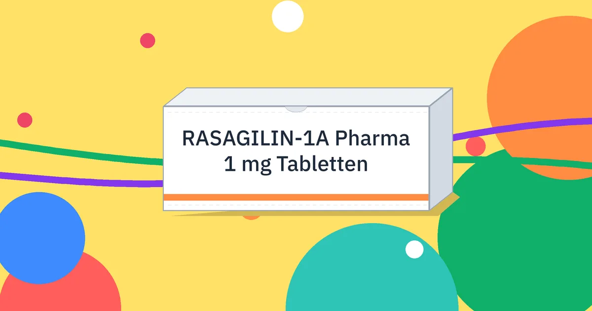 Symbolbild: Packung mit der Aufschrift RASAGILIN-1A Pharma 1 mg Tabletten (PZN 18003648) – Verfügbarkeit und Bezug in Apotheken in Frankfurt am Main