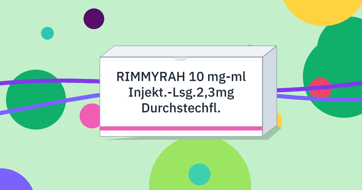 Symbolbild: Packung mit der Aufschrift RIMMYRAH 10 mg-ml Injekt.-Lsg.2,3mg Durchstechfl. (PZN 19164307) – Verfügbarkeit und Bezug in Apotheken in Frankfurt am Main