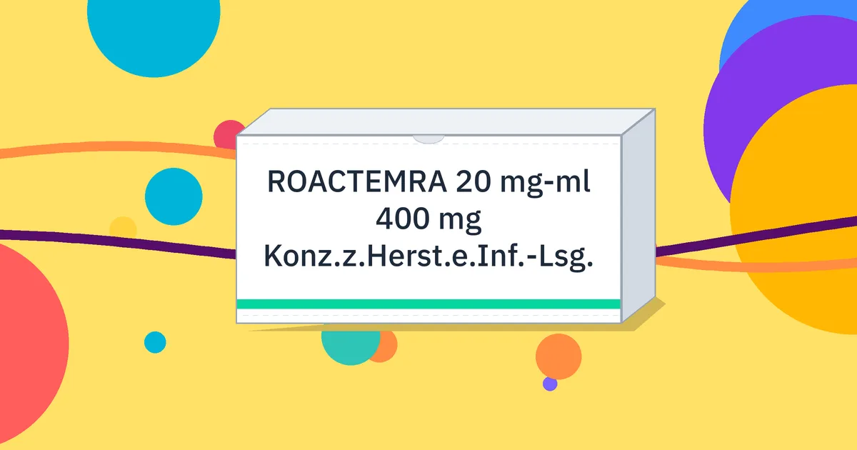 Symbolbild: Packung mit der Aufschrift ROACTEMRA 20 mg-ml 400 mg Konz.z.Herst.e.Inf.-Lsg. (PZN 06938776) – Verfügbarkeit und Bezug in Apotheken in Frankfurt am Main