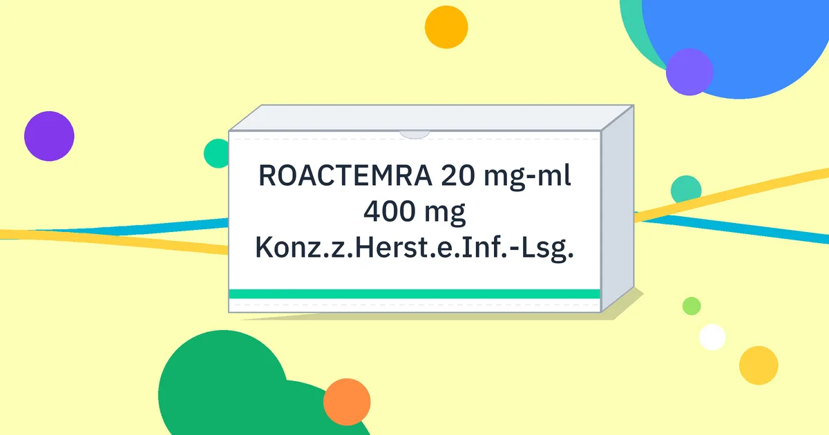 Symbolbild: Packung mit der Aufschrift ROACTEMRA 20 mg-ml 400 mg Konz.z.Herst.e.Inf.-Lsg. (PZN 12146401) – Verfügbarkeit und Bezug in Apotheken in Frankfurt am Main