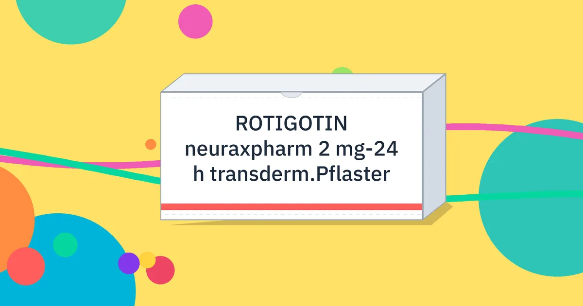 Symbolbild: Packung mit der Aufschrift ROTIGOTIN neuraxpharm 2 mg-24 h transderm.Pflaster (PZN 10003092) – Verfügbarkeit und Bezug in Apotheken in Frankfurt am Main