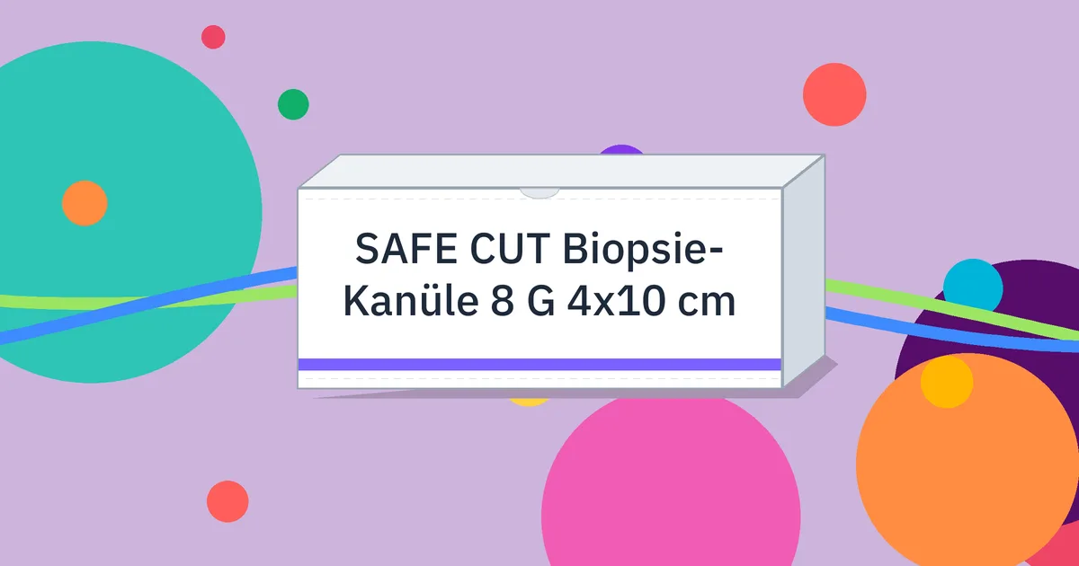 Symbolbild: Packung mit der Aufschrift SAFE CUT Biopsie-Kanüle 8 G 4x10 cm (PZN 20085783) – Verfügbarkeit und Bezug in Apotheken in Frankfurt am Main