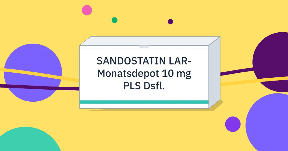 Symbolbild: Packung mit der Aufschrift SANDOSTATIN LAR-Monatsdepot 10 mg PLS Dsfl. (PZN 04927343) – Verfügbarkeit und Bezug in Apotheken in Frankfurt am Main