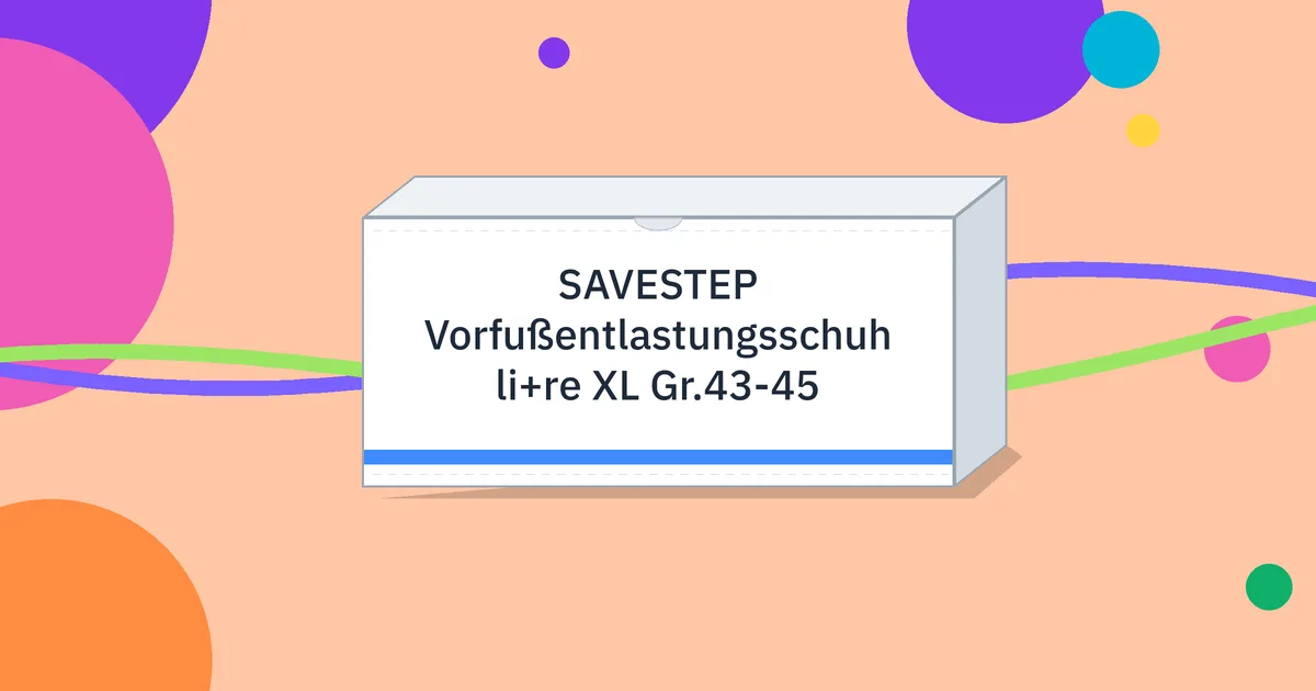 Symbolbild: Packung mit der Aufschrift SAVESTEP Vorfußentlastungsschuh li+re XL Gr.43-45 (PZN 17197337) – Verfügbarkeit und Bezug in Apotheken in Frankfurt am Main