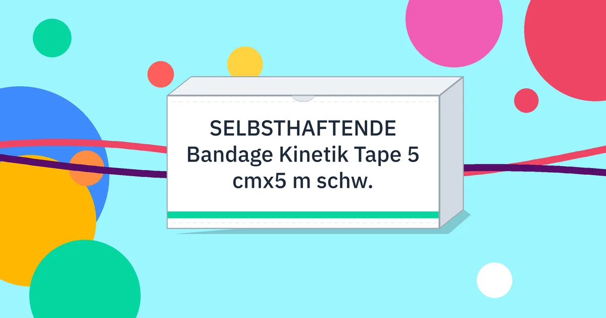 Symbolbild: Packung mit der Aufschrift SELBSTHAFTENDE Bandage Kinetik Tape 5 cmx5 m schw. (PZN 16204259) – Verfügbarkeit und Bezug in Apotheken in Frankfurt am Main