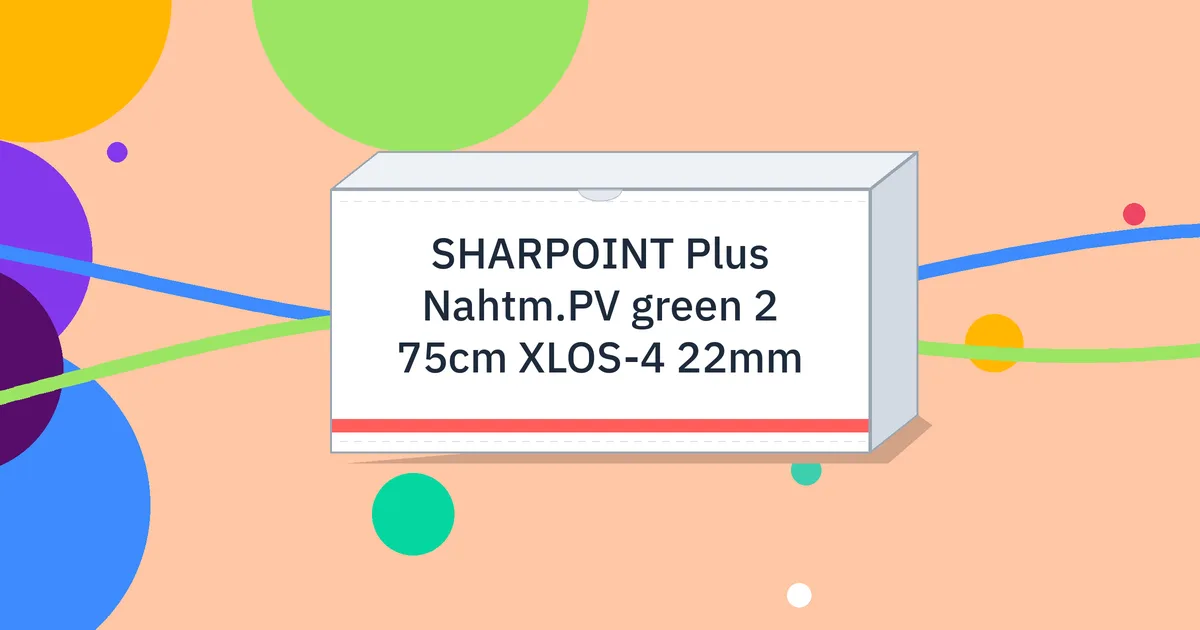 Symbolbild: Packung mit der Aufschrift SHARPOINT Plus Nahtm.PV green 2 75cm XLOS-4 22mm (PZN 17996328) – Verfügbarkeit und Bezug in Apotheken in Frankfurt am Main