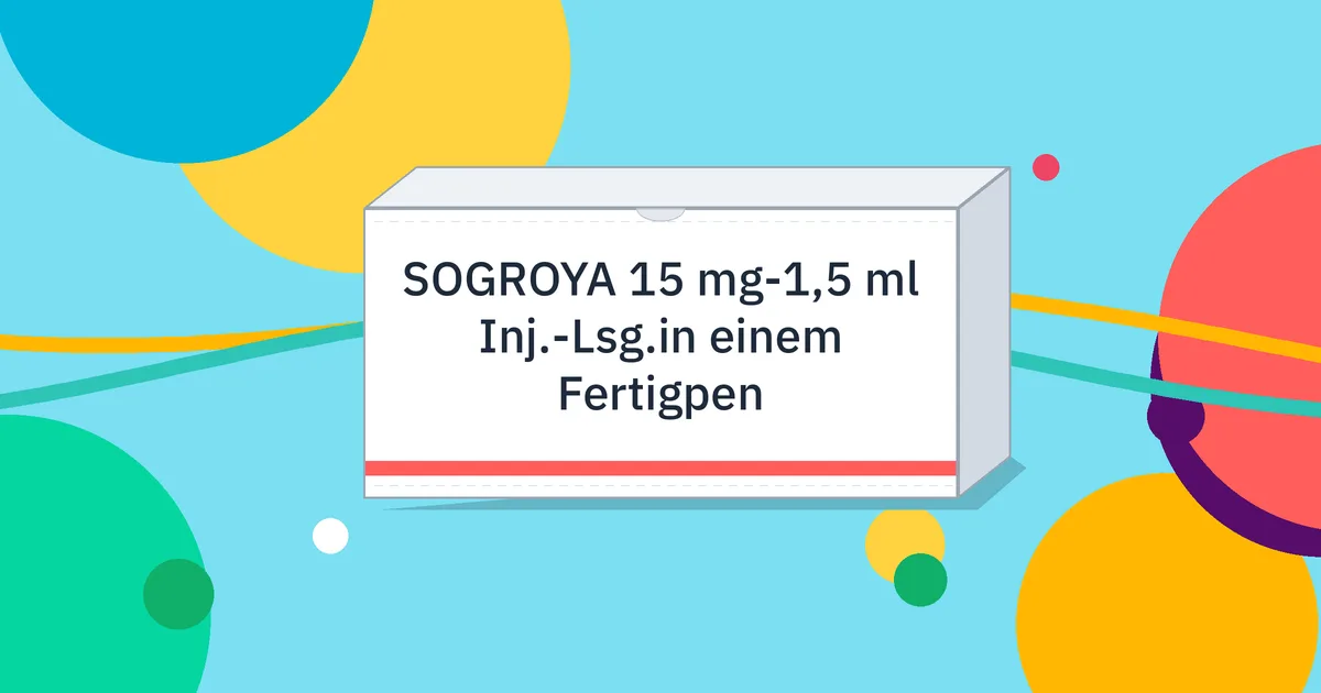 Symbolbild: Packung mit der Aufschrift SOGROYA 15 mg-1,5 ml Inj.-Lsg.in einem Fertigpen (PZN 20195230) – Verfügbarkeit und Bezug in Apotheken in Frankfurt am Main