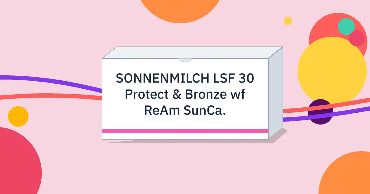 Symbolbild: Packung mit der Aufschrift SONNENMILCH LSF 30 Protect & Bronze wf ReAm SunCa. (PZN 13514829) – Verfügbarkeit und Bezug in Apotheken in Frankfurt am Main