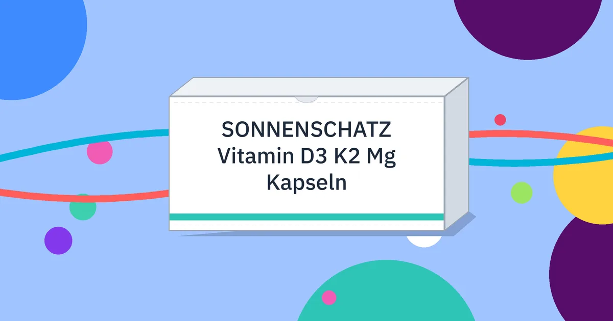 Symbolbild: Packung mit der Aufschrift SONNENSCHATZ Vitamin D3 K2 Mg Kapseln (PZN 20162377) – Verfügbarkeit und Bezug in Apotheken in Frankfurt am Main