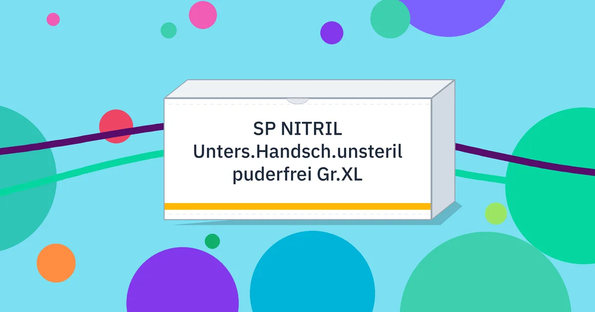Symbolbild: Packung mit der Aufschrift SP NITRIL Unters.Handsch.unsteril puderfrei Gr.XL (PZN 10534576) – Verfügbarkeit und Bezug in Apotheken in Frankfurt am Main