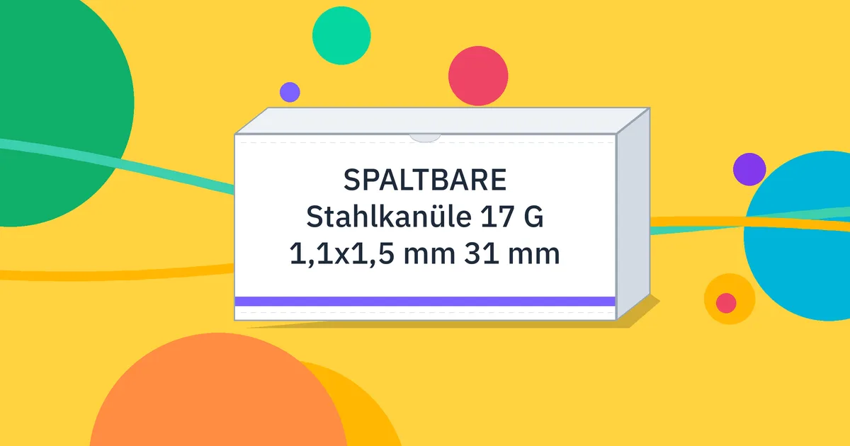 Symbolbild: Packung mit der Aufschrift SPALTBARE Stahlkanüle 17 G 1,1x1,5 mm 31 mm (PZN 09446364) – Verfügbarkeit und Bezug in Apotheken in Frankfurt am Main