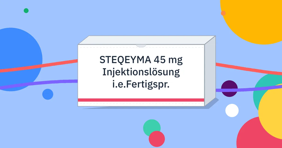 Symbolbild: Packung mit der Aufschrift STEQEYMA 45 mg Injektionslösung i.e.Fertigspr. (PZN 19871507) – Verfügbarkeit und Bezug in Apotheken in Frankfurt am Main